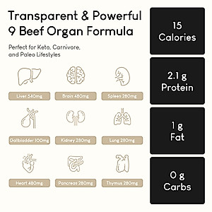 Optimal Carnivore Beef Organ Supplement, Grass Fed Beef Organs for Men & Women, 9 Organ Complex, Organ Meat - Beef Liver, Brain, Thymus, Lung, Gallbladder