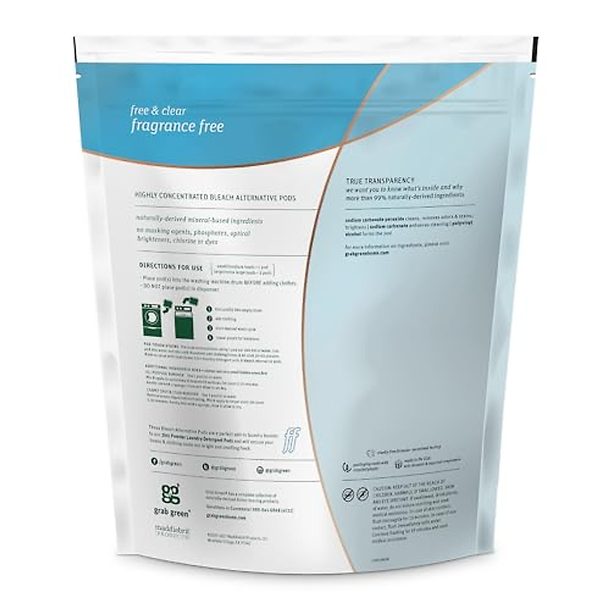 Grab Green Bleach Alternative Pods, 60 Count, Chlorine Free, Fragrance Free, Plant and Mineral Based, Laundry Booster to Brighten Whites, Removes Stains, Neutralizes Odors