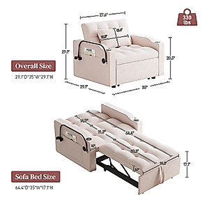 DAMAIFROM Convertible Sleeper Sofa Chair Bed with USB Port & Cup/Phone Holder, 3 in 1 Couch with Pollout Bed, Velvet Couch Chair Chaise Lounge for Living Room, Apartment, RV, Small Room - Pink