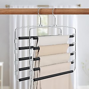 Cycleacc Pants Hangers, 2 Pack Anti-Slip Space Saving Hangers, 5 Layer Swing Arm Pants Hanger Stainless Steel with Non-Slip Padding, Closet Organizers & Storage for Pants Trousers Jeans Scarf