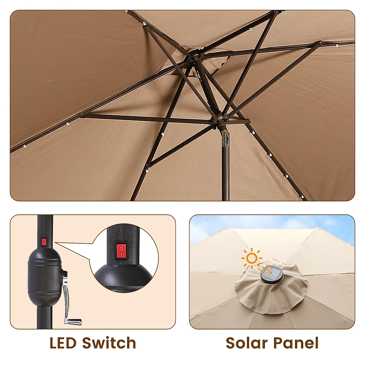 MONDAWE Outdoor Solar LED Patio Umbrella 10 x 6.5 FT Rectangular Market Umbrella with Lights， Tilt and Crank Aluminum Commercial Table Umbrella for Pool Backyard Balcony