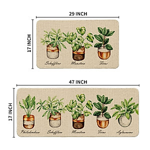 Artoid Mode Schefflera Monstera Ficus Summer Kitchen Mats Set of 2, Hello Sunshine Home Decor Low-Profile Kitchen Rugs for Floor - 17x29 and 17x47 Inch