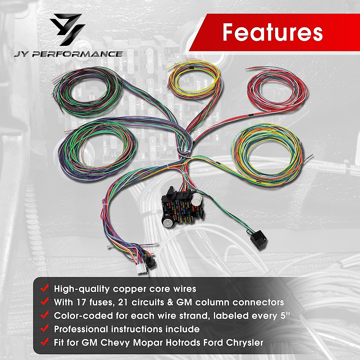Universal 21 Circuit Wiring Harness Kit Extra Long Wire Standard Color 17 Fuses for GM Chevy Mopar Hotrods Ford Chrysler