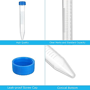 100pcs Conical Centrifuge Tubes 15mL, Clear Plastic Centrifuge Tubes with Leak-Proof Screw Caps, Plastic Graduated Lab Test Container with 2Pcs Test Tube Rack for Scientific Experiments