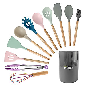 Kitchen Utensils Set - 12 pieces Silicone with wooden handle Non-Stick Kitchen Gadgets BPA-free, non-toxic and odorless