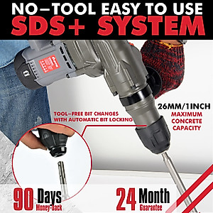 PTS Corded Rotary Hammer Drill 1”26mm 10Amp 110V Combination Rotary Hammer | SDS Plus | 3 Modes | 2x Brushes, Oil Cap Wrench, Grease, 3x Drills, 2x Chisels‚ and Case Set