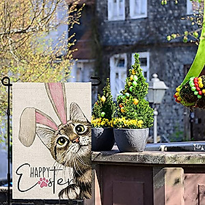 CROWNED BEAUTY Happy Easter Garden Flag 12×18 Inch Double Sided Cat with Rabbit Ear Outside Vertical Holiday Yard Flag