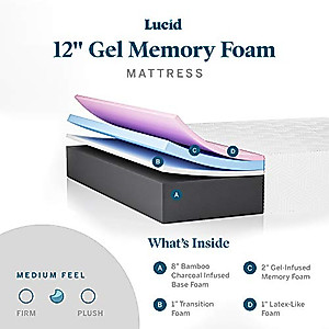 LUCID 12 Inch King Mattress – Medium Memory Foam Mattress – Bamboo Charcoal Foam – Gel Infused – Hypoallergenic Foam Mattress – Bed-in-A-Box- CertiPUR-US Certified, White