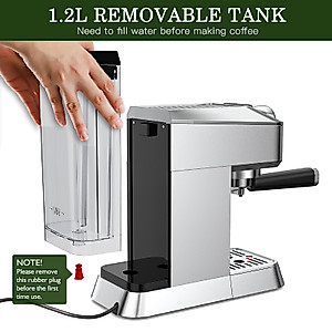 MR MIRYE Espresso Machine, 20 Bar Stainless Steel Espresso Maker Silver Coffee Machine for Home or Office With Removable Water Tank, Measuring Spoon, Brewing Filter, Milk Cup, Milk Frother Steam Wand