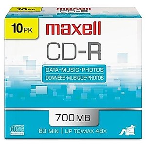 MAXELL 648210 CD-R Discs, 700MB/80min, 48x, w/Slim Jewel Cases, Silver, 10/Pack