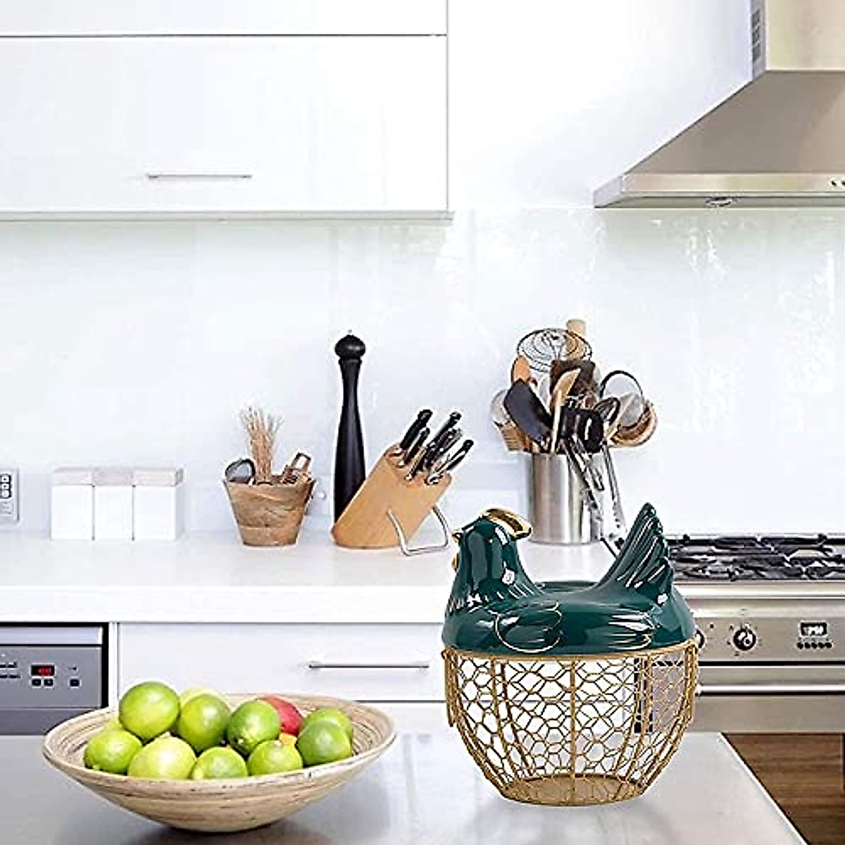 Egg Basket Metal Wire Fruit Basket with Chicken Shape Lid Ceramic Egg Holder, Holds 30 Eggs