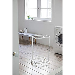 Yamazaki Home Laundry Basket Wagon-Large Storage Hamper Organizer | Steel + Wood | Short | Rolling Carts, White