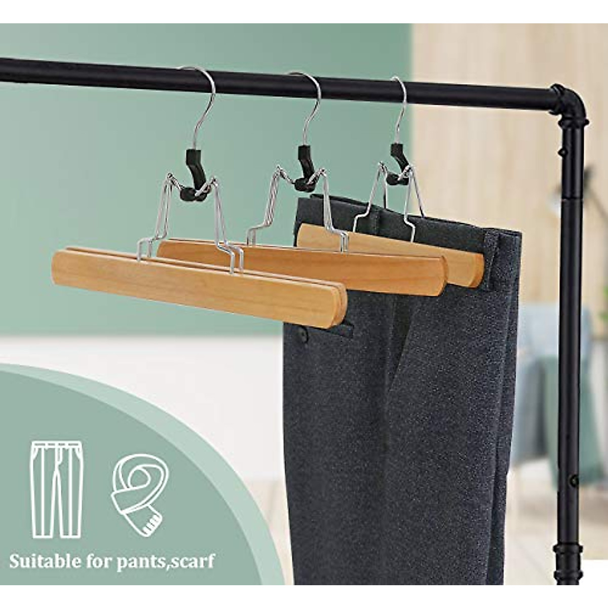 Wooden Pant Hangers, Lemonfilter 12 Pack Pant Hangers Wood with Non Slip Padded Velvet, Non Slip Pants Pangers with 360° Swivel Hook, Natural Wooden Dress Pants Hangers for Men, Skirts, Trousers, Wigs