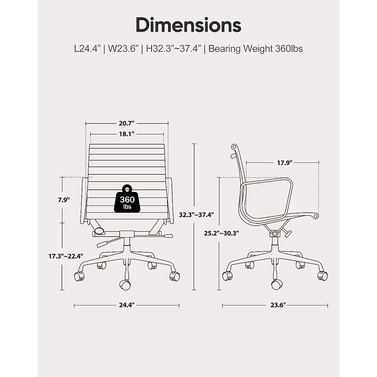 Ribbed Office Chair, Mid Back Top Black Grain Leather Desk Chair, Swivel Chair Adjustable Ergonomic Computer Desk Chair with Aluminium Alloy Frame and Silent Nylon Wheels