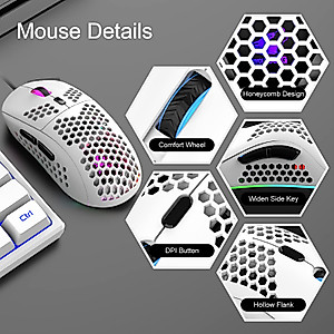 60% Gaming Keyboard and Mouse Combo Samll Mini RGB Backlight Mechanical Feeling and Mechanical RGB 6400 DPI Honeycomb Optical Mouse,Gaming Mouse pad for Gamers and Typists (White & Blue)