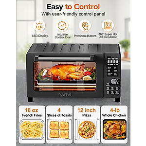 Nuwave Bravo Pro Smart Air Fryer Toaster Oven Combo, Airfryer Convection Oven Countertop, 12-in-1 Functions with Quicker & Even Crisp Technology, 1800W, 50-450°F, PFAS-Free, 21QT, Black