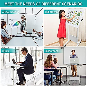 KOUPA Adjustable Height Standing Desk, Writable Tempered Glass Desktop with Eraser, 360° Flip, Wheels – Ideal for Small Spaces and Home Offices, 24 in, White(Adjustable Height: 32-47 in)