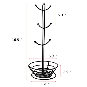Black Metal Coffee Mug Holder for Countertop, Mugs Tree for 6 Cups with Coffee Pod Holder Storage Basket