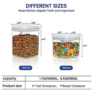JIMALL Airtight Food Storage Containers, 2 Pieces BPA Free Cereal Containers with Easy Pop Lids, for Kitchen Pantry Organization and Storage - Includes 1.5Qt and 0.5Qt Sizes