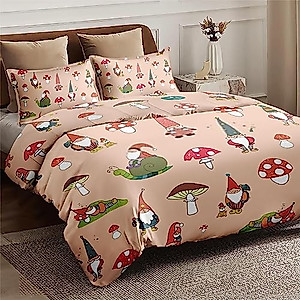 Duvet Cover Full Size, Gnome Funny Happy Red Bedding Set with Zipper Closure for Kids and Adults, Colorful Mushroom Elf Comforter Cover with 2 Pillow Shams for Bedroom Bed Decor