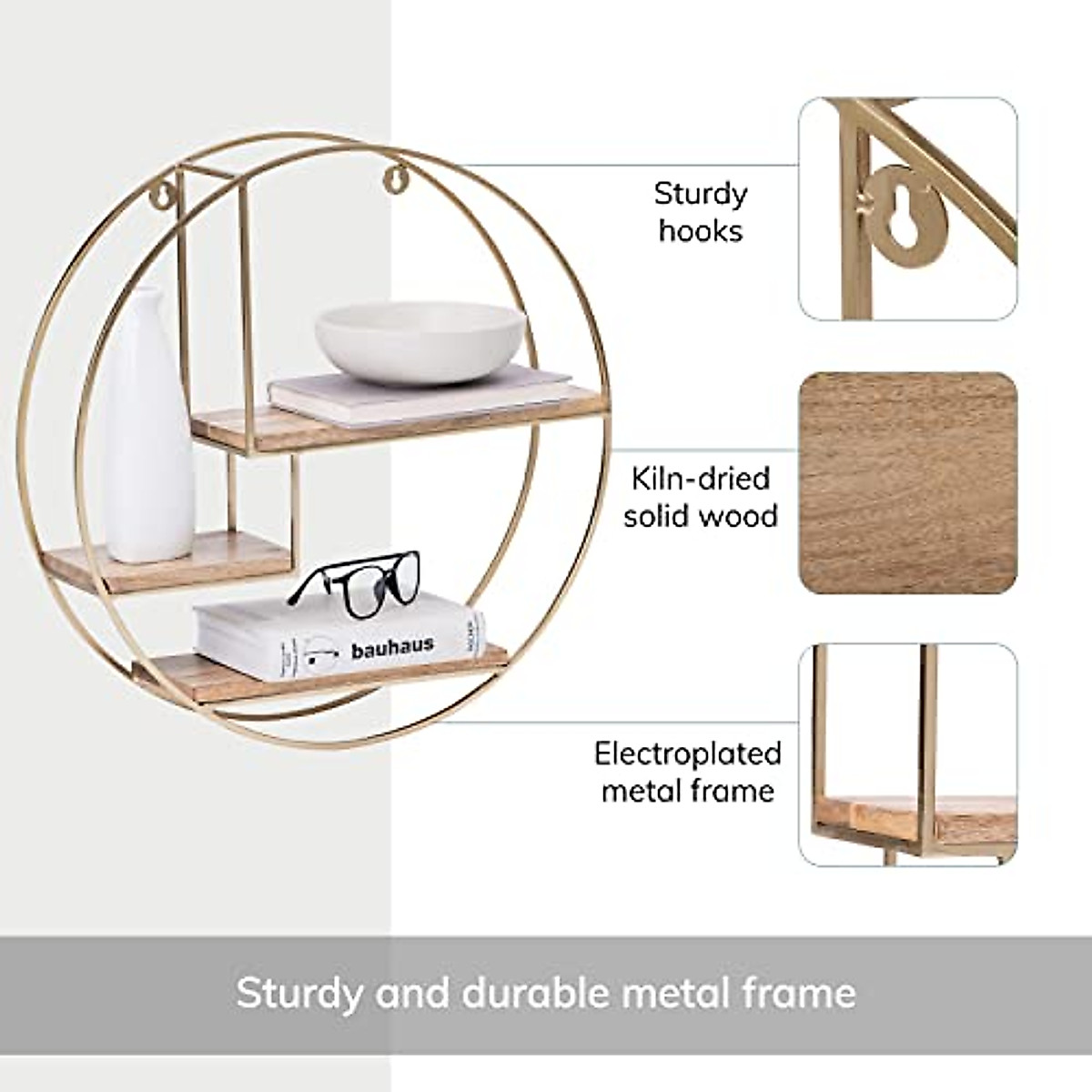 MH London Round Gold Shelf - Lemar Circle Wall Shelf Made from Metal and Wood I Gold Accent Decor Suits Bedrooms, Bathrooms, Kitchens, Living Rooms & Halls | Decorative Modern Display Shelf Size