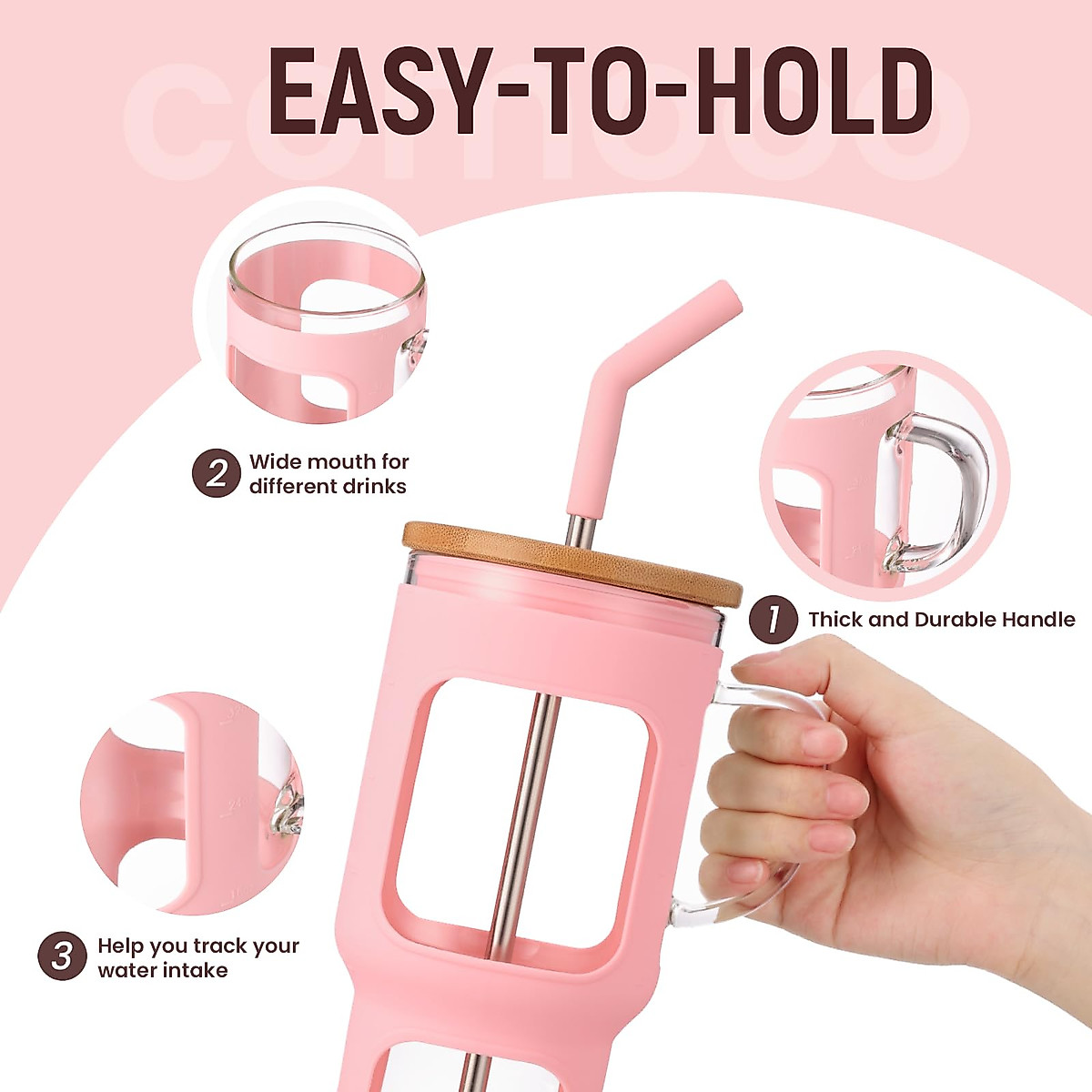 COMOOO 40oz Glass Tumbler with Bamboo Lid and Straw, Glass Water Cup with Handle, Iced Coffee Drinking Cup with Silicone Sleeve, Glass Water Bottle Dishwasher Safe, Cup Holder Friendly, Pink