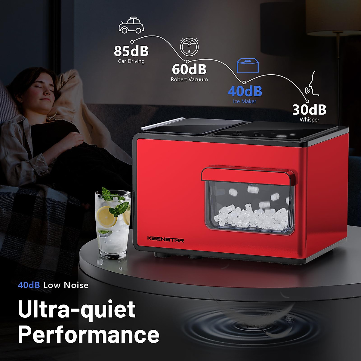 Nugget Ice Maker Countertop, 40lbs/24H, Pebble Ice Maker with Soft Chewable Ice, Self Cleaning Sonic Ice Machine, Stainless Steel w/Touch Screen, Compact Design for Home Office Bar Party- Red