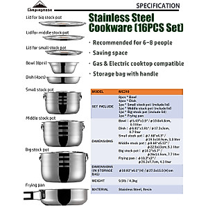 CAMPINGMOON 16PCS Stainless Steel Outdoor Camping Nesting Mess Kit Cookware Set Pots Pans with Storage Carrying Bag MC240