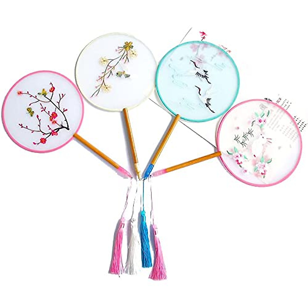 JOCERO Women Dancing Embroidery Flower Handheld Wooden Handle Fan Vintage Translucent Chinese Style Round Silk Fans with Tassels