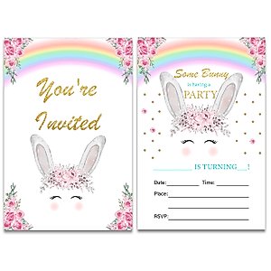 Rainbow Bunny Birthday Party Invitations with Envelopes Set of 20 Floral Some Bunny Birthday Party Invites Fill in Blank