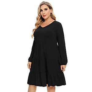 ShopWonder Women's Plus Size Casual Tunic Mini Dress Lantern Sleeve Ruffle Hem V Neck Loose Swing Fall Dresses Plus Size(Black,2XL)