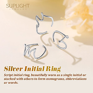 Suplight 925 Sterling Silver N Initial Ring, Ajudstable Alphabet Letter Ring, Women Rings
