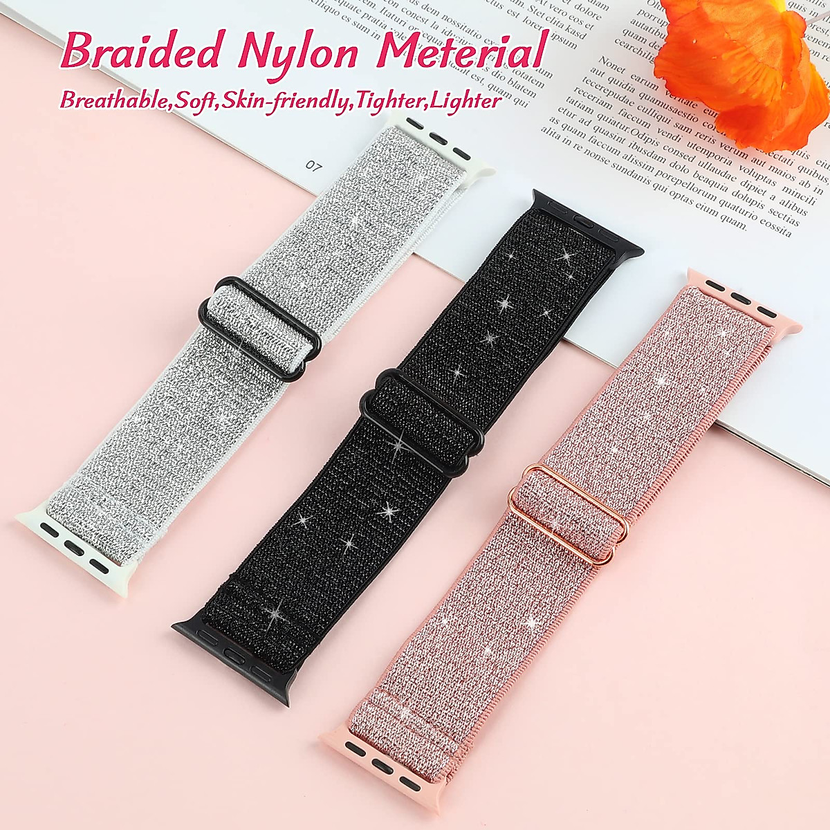 3 Pack Shiny Bands Compatible with Apple Watch Band for Women 38mm 40mm 41mm, Nylon Stretchy Straps for iWatch Series 9 Ultra SE 8 7 6 5 4 3 2 1