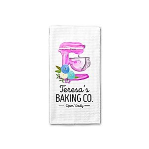Personalized Baking Co. Kitchen Towel | Custom Waffle Weave Dish Towel | Personalized Kitchen Towel | Housewarming Gift | Wedding Gift | Housewarming Gift | Mixer Kitchen Towel | Baking Towel (Pink)