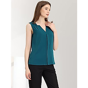 Allegra K Sleeveless Work Top for Women's Elegant Pleated Chiffon V Neck Blouse Shirt Large Peacock Blue