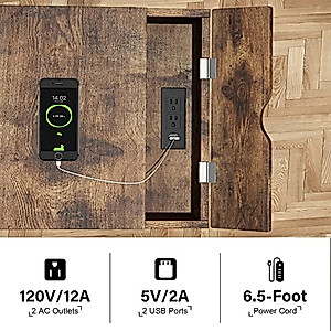 ChooChoo Nightstand with Charging Station and USB Ports, Rustic Side End Table with Drawer and Metal Shelf, Bedside Table for Small Spaces, Bedroom, Rustic Brown