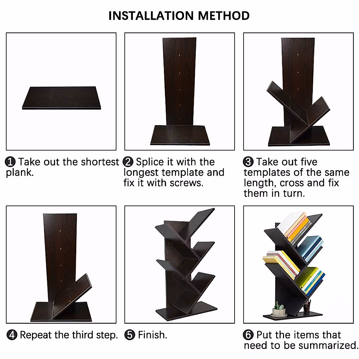 QUMENEY Tree Bookshelf, 5 Shelf Display Bookcase,Tree Bookcase for Books/CDs/Albums/Files Holder, Free Standing Book Shelves Organizer for Office，Bedroom, Living Room (Light Walnut)