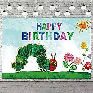 Cartoon Very Hungry Little Green Caterpillar Happy Birthday Banner Backdrop Insects Theme Decor for 1st Birthday Party Baby Shower Photo Studio Booth Props Background Supplies Favors Decorations