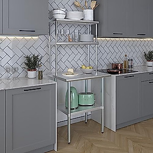 AmGood Stainless Steel Work Table with 12" Wide Double Tier Overshelf | Metal Kitchen Prep Table & Shelving Combo | NSF (Stainless Steel Table with Double Overshelves, 30" Long x 24" Deep)