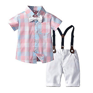 Moyikiss Studio Baby Boys Gentleman Outfit Suits, Infant Boys Short Pants Set, Short Sleeve Shirt+Suspender Pants+Bow Tie (Pink, 120/5Years)