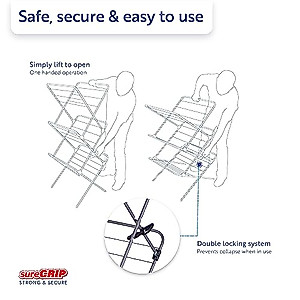 Minky Premium SureGrip 3 Tier Indoor and Outdoor Clothes Drying Rack, Lightly Textured Non Slip Rungs, 69 Ft. of Hanging Space, Silver