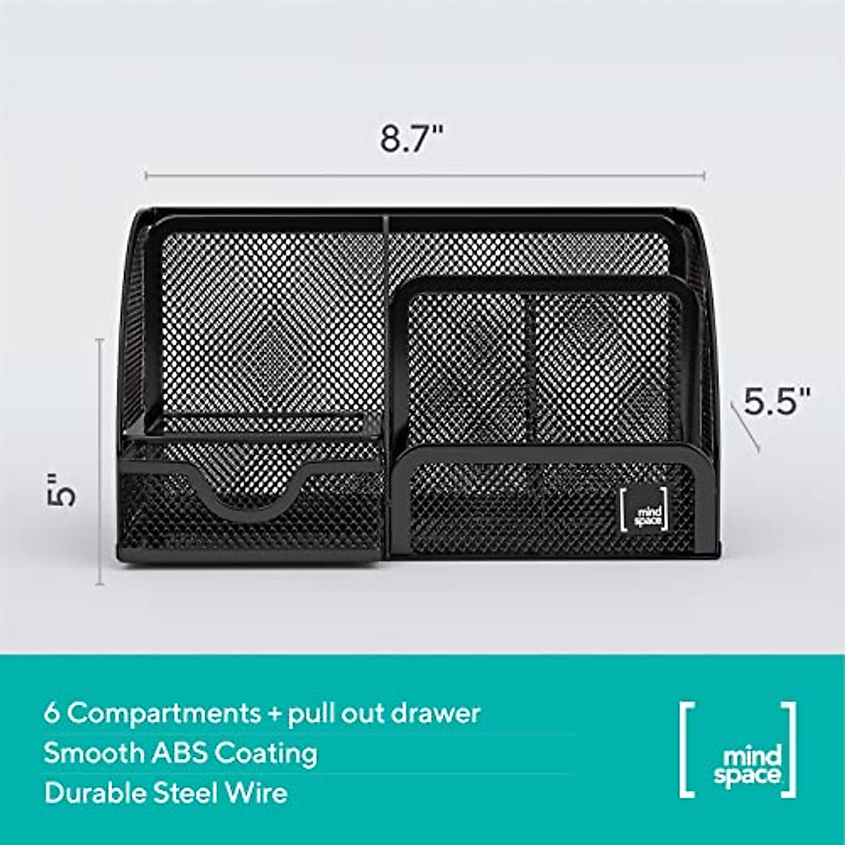 Mindspace Desk Organizer for Office Desk Organizers and Accessories with 6 Compartments + Drawer | The Mesh Collection, Black