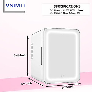 VNIMTI Mini Skincare Fridge 4 Liter/6 Cans, Portable Cosmetic Fridges with Makeup Mirror, Cooler & Warmer, AC & DC, Small Refrigerator for Bedroom, Car, Office, Outdoor (White - 4L)