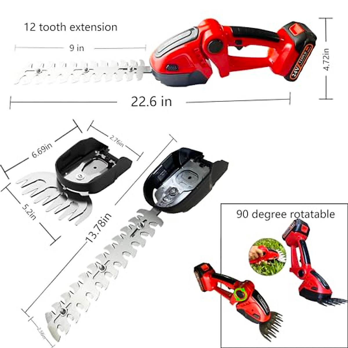 Cordless Hedge Trimmer-24V Electric Shrub Trimmer Grass Shears Handheld Grass Cutter, Hedge Shear with 2 PCS Rechargeable Battery, Charger and Toolbox to for Garden, Lawn, Red