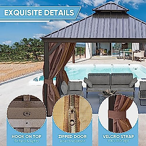 12'x12' Hardtop Gazebo, Outdoor Aluminum Hard Top Gazebo with Galvanized Steel Double Roof, Permanent Metal Roof Gazebo with Nettings, Curtains and Hooks for Deck, Patio (Bronze)