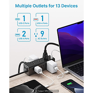 CCCEI Desk Clamp Power Strip with 9 Outlets, Desktop Edge Mount Surge Protector with USB-A and USB-C Ports, Widely Spaced Desk Outlet Fast Charging Station, 6 FT Flat Plug, Fit 1.6 inch Table.