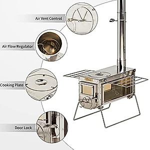 XCMAN Camping Tent Wood Stove with 6 Section Chimney Pipes,Three-View Windows Portable Wood Stove, Ice Fishing Shelters, Hunting, Outdoor Cooking Heavy Gauge 304 Stainless Steel