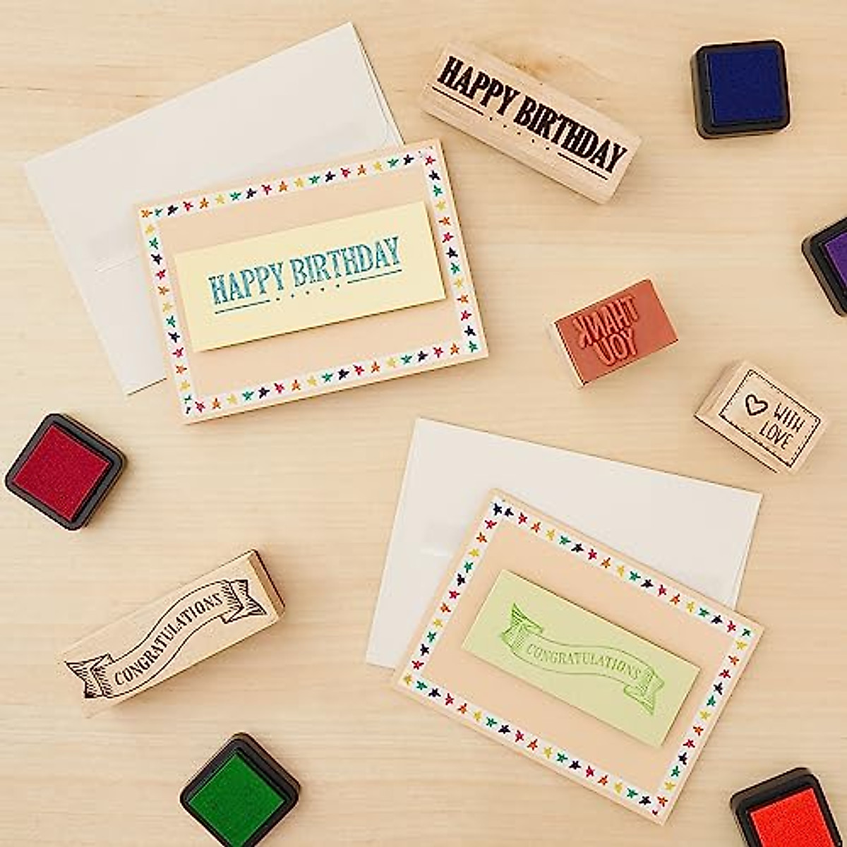 4-Piece Card Making Stamps Set - Wood Mounted Rubber Stamps for Card Making, DIY Crafts, Scrapbooking - Happy Birthday, Thank You, Congratulations, with Love