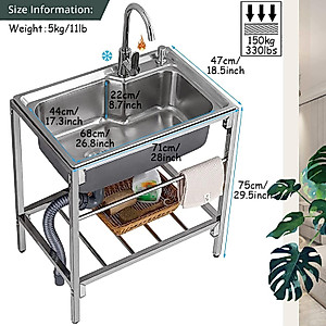 Commercial Restaurant Sink Set Free Standing Stainless-Steel Single Bowl w/Faucet,Utility Washing Hand Basin w/Storage Shelve, laundry tub for Indoor Outdoor L26.7"x H33.46"xW17.3"