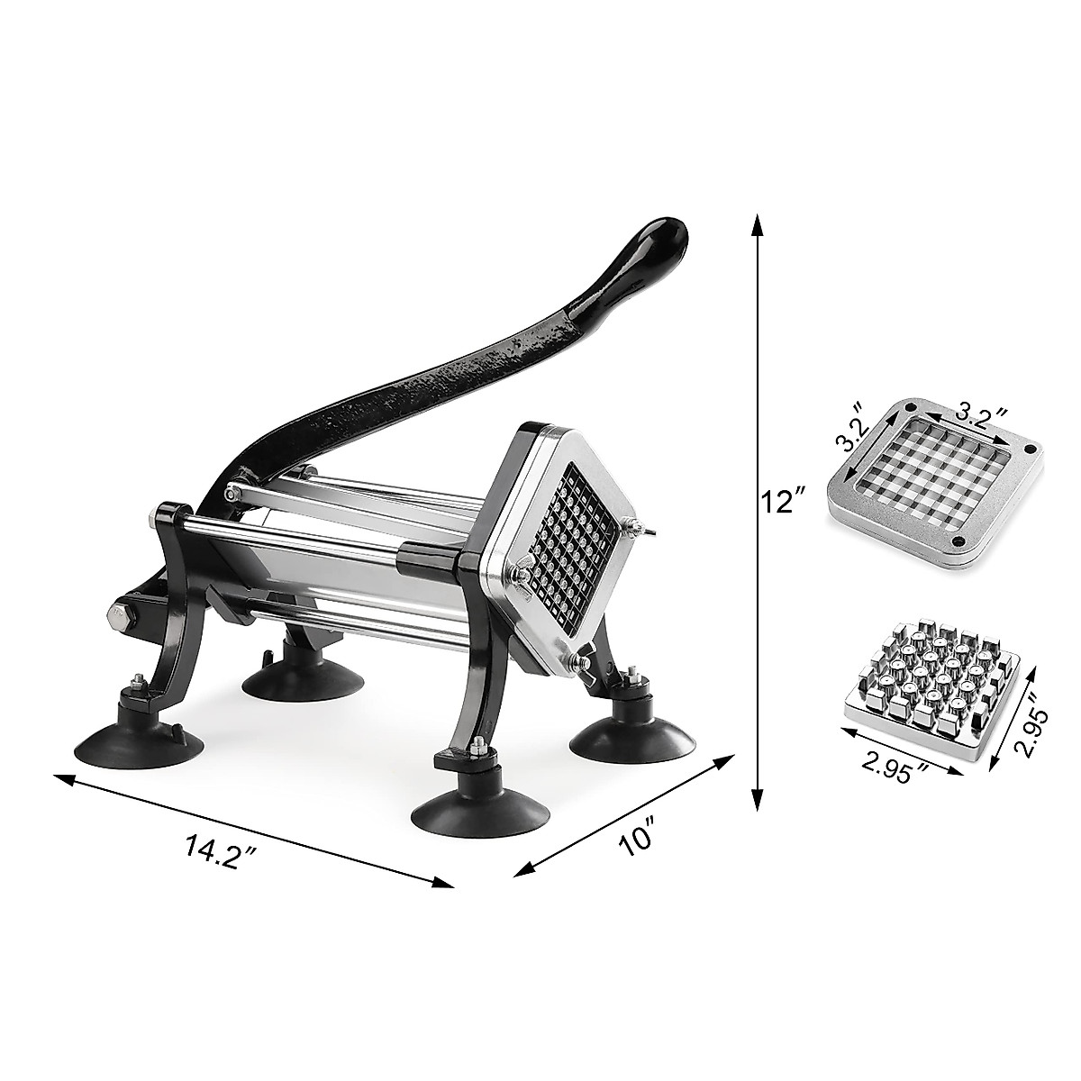 New Star Foodservice 43204 Commercial Grade French Fry Cutter with Suction Feet, 1/2 Inch and 3/8 Inch Blades, Limited Edition Black